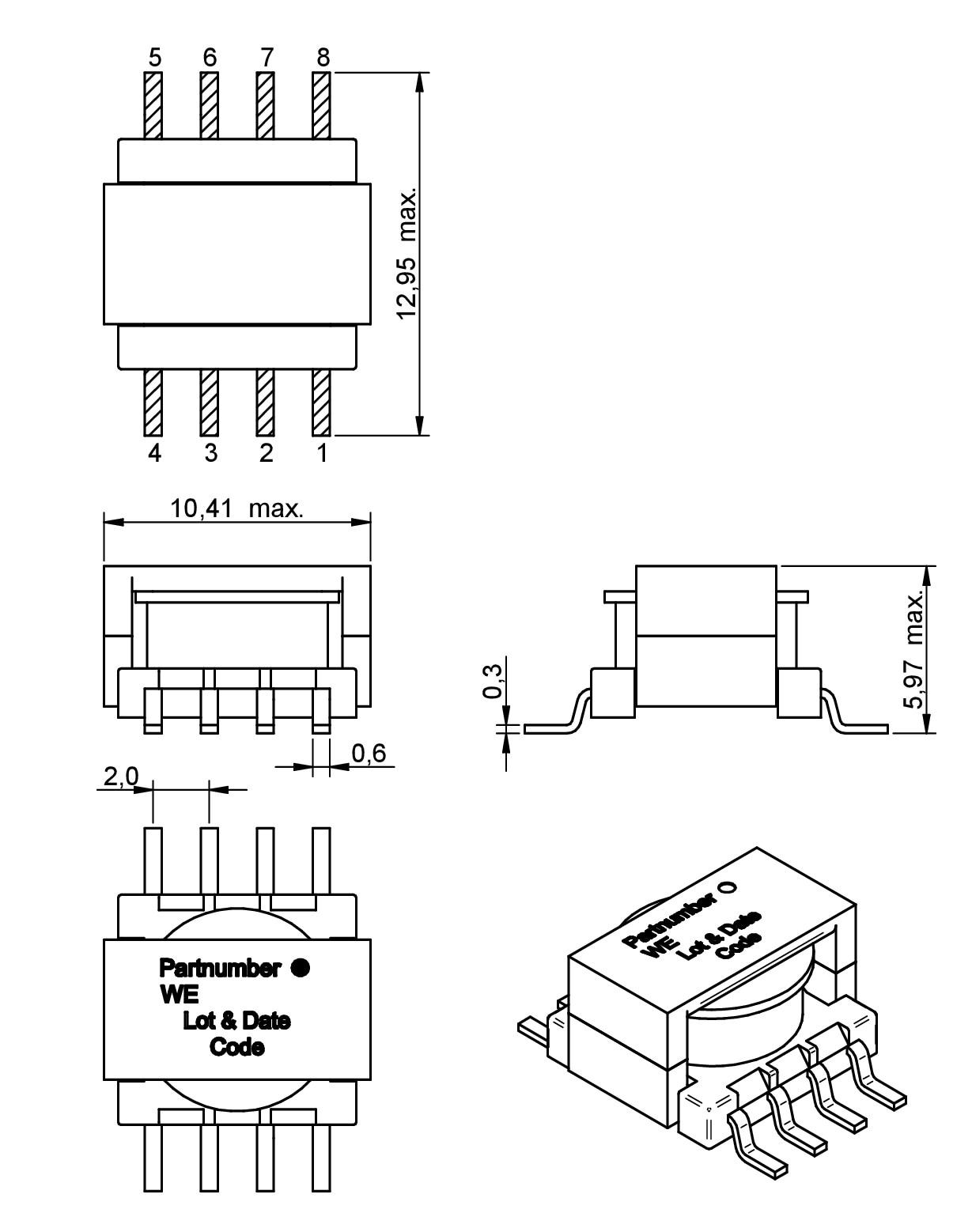 WE-FB Flyback Transformer suitable for LT3573/ LT3574/ LT3575/ LT3748 ...